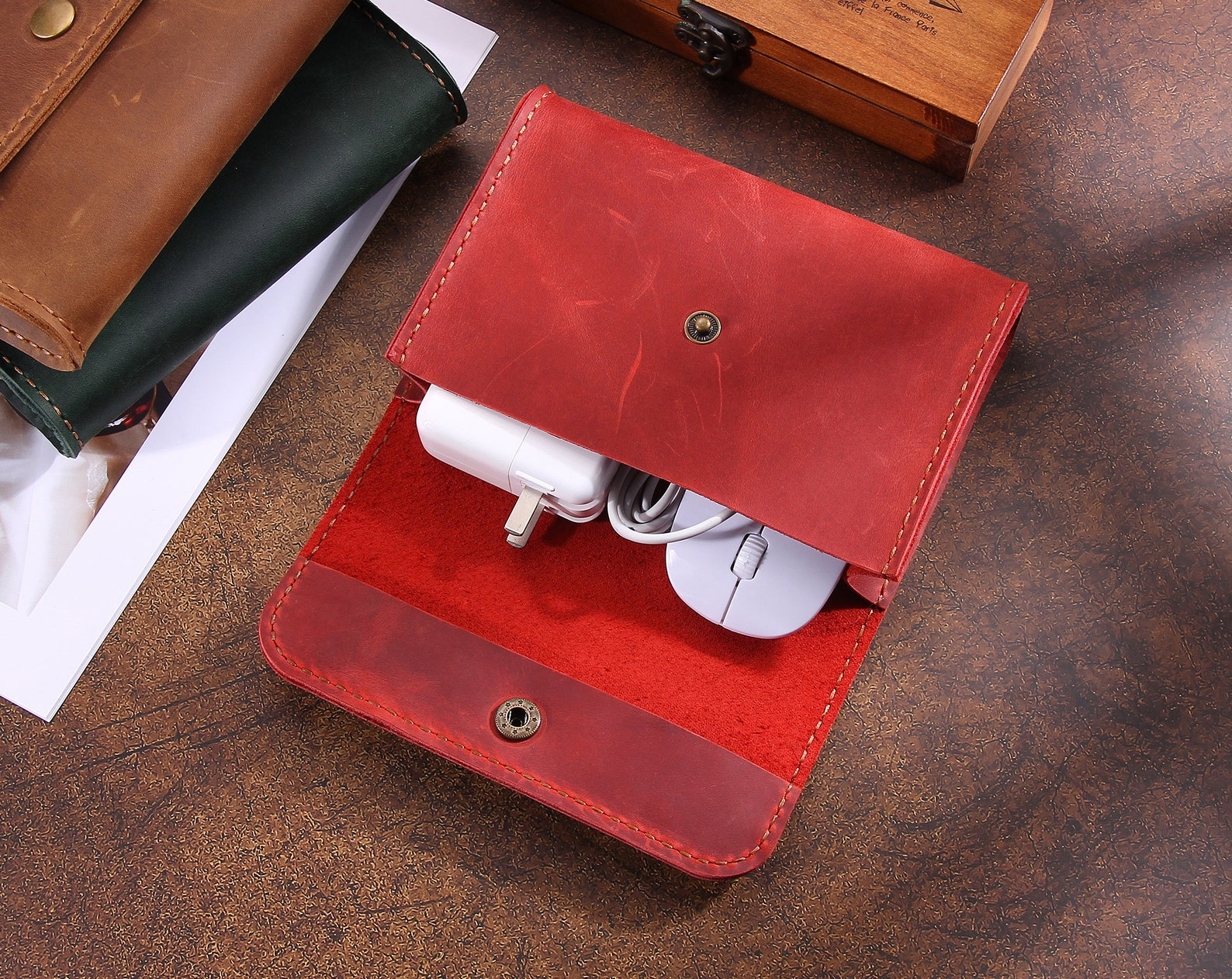 Custom Leather Charger Case, Handmade Portable Storage Organizer for ...