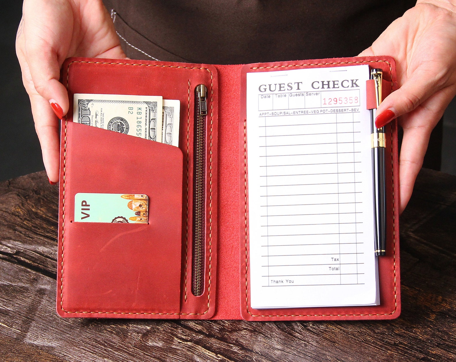 Handmade Server Book Organizer With Zipper Pocket, Leather Restaurant ...