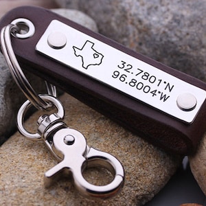 Personalized GPS Coordinate Keychain - Leather Latitude Longitude ...