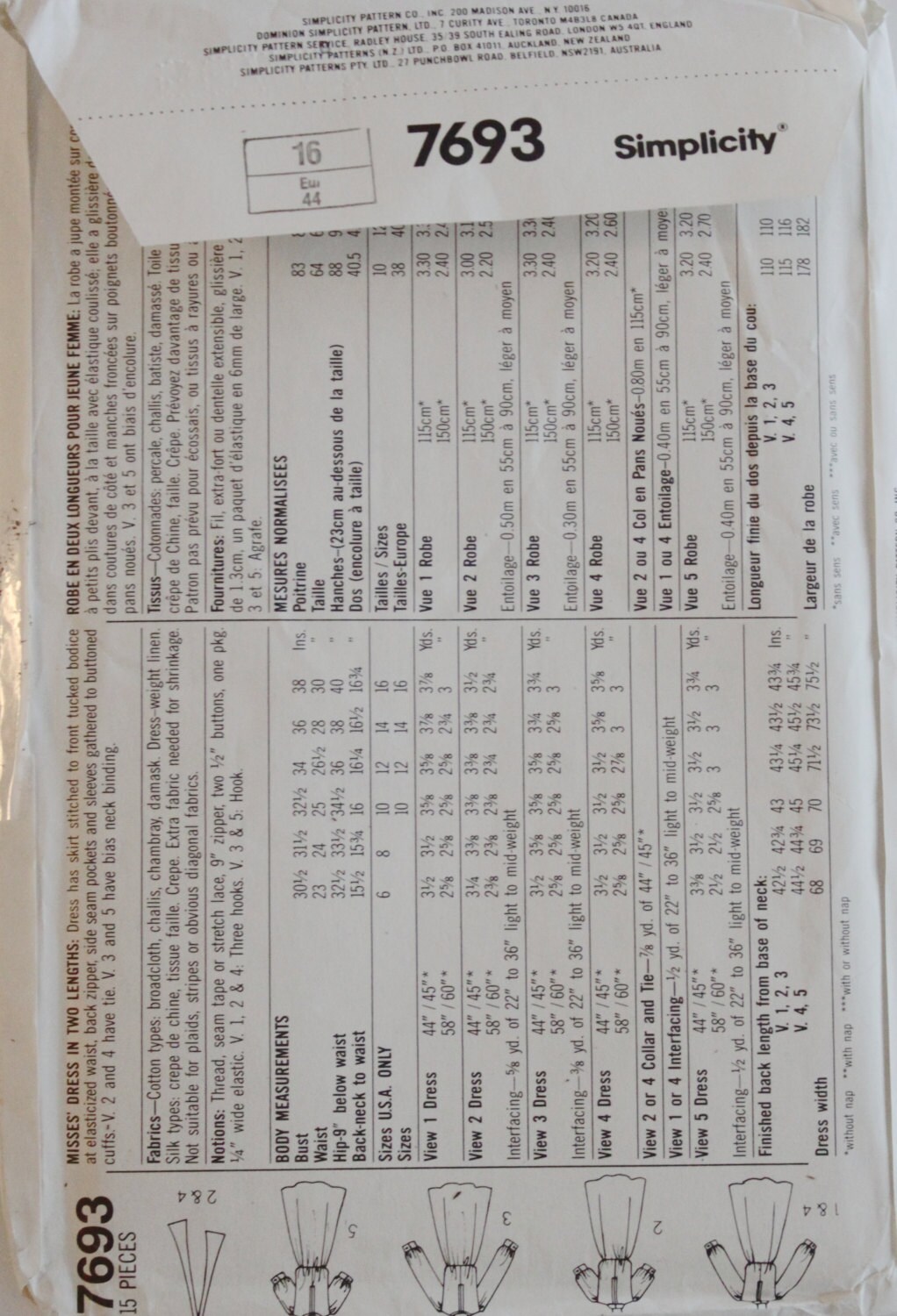 Vintage 1986 UNCUT Sewing Pattern, SIMPLICITY 7693. USA Size 16. Dress ...