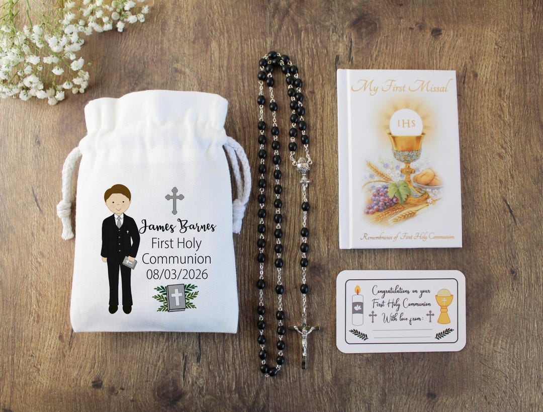 Personalised Boy Black Suit - First Holy Communion Gift Set: Rosary ...