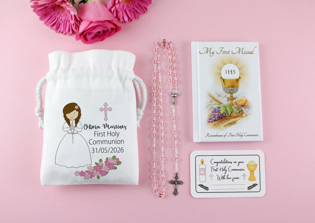 Girl First Holy Communion Rosary Beads Gift Set: Personalised Bag ...