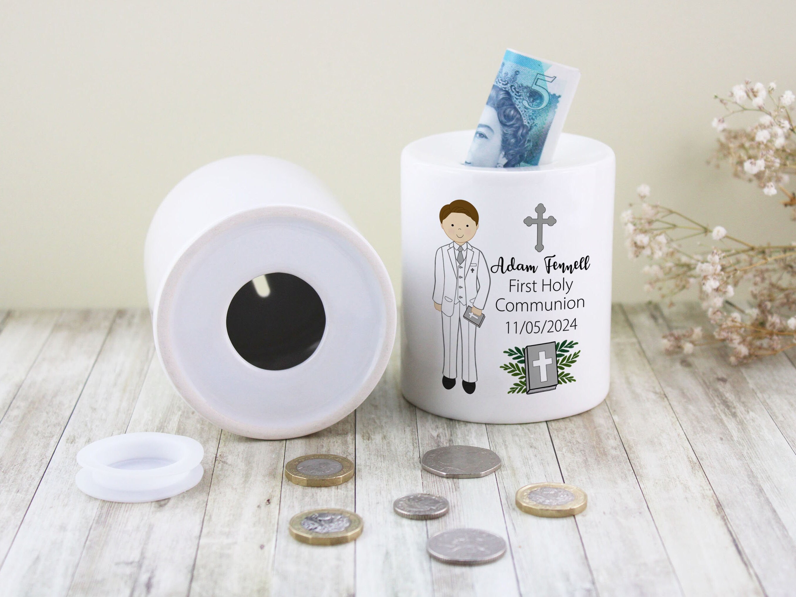 Personalized First Holy Communion Ceramic Money Box - Boy in White Suit ...