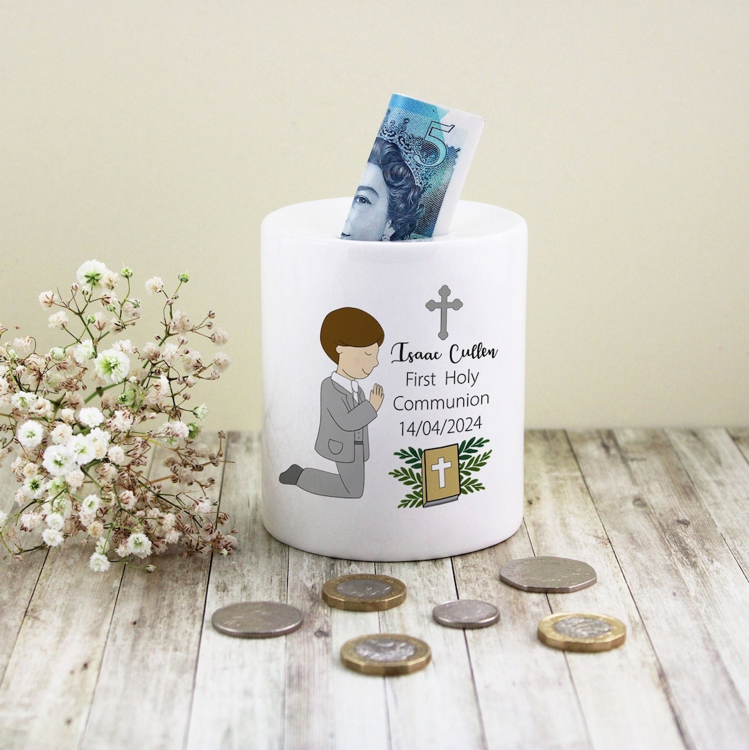 Personalized First Holy Communion Ceramic Money Box: Praying Boy Gift ...