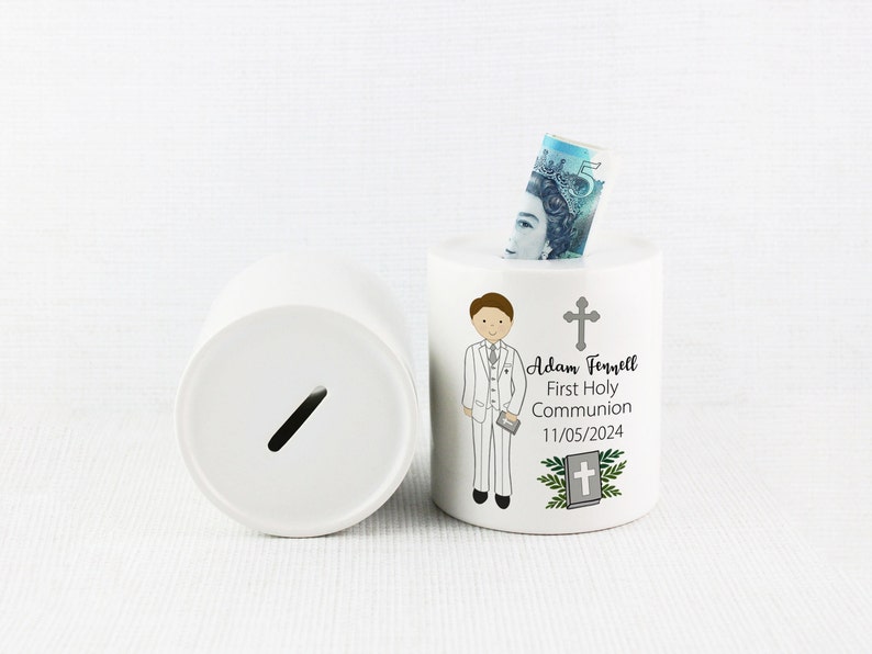 Personalized First Holy Communion Ceramic Money Box - Boy in White Suit ...