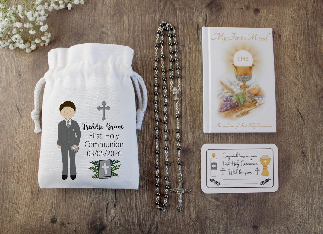Boy in Grey Suit - Personalised First Communion- Rosary Beads, Bag and ...