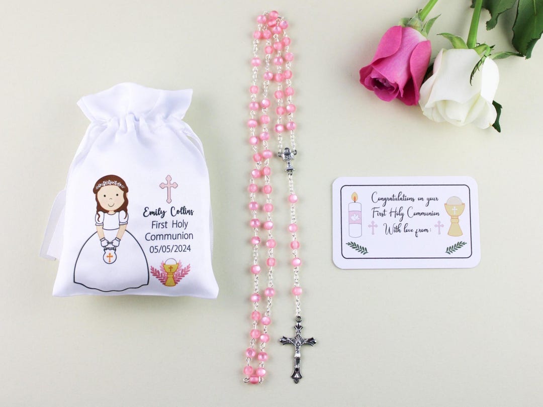 Girl First Communion Personalised Gift /rosary Beads & Bag Plus Gift ...