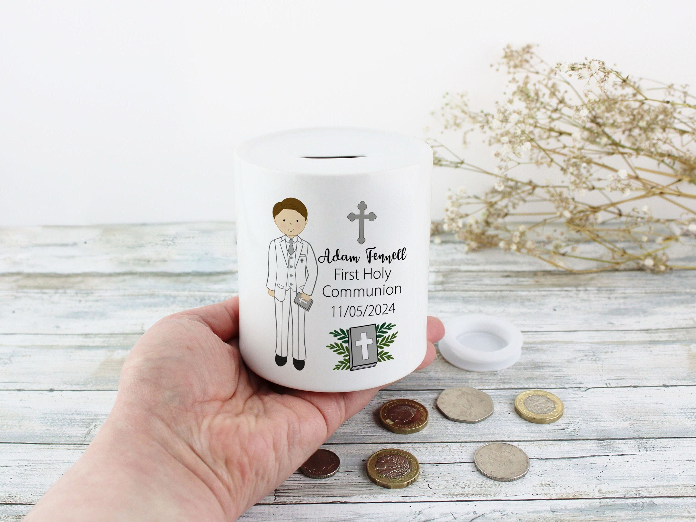 Personalized First Holy Communion Ceramic Money Box - Boy in White Suit ...