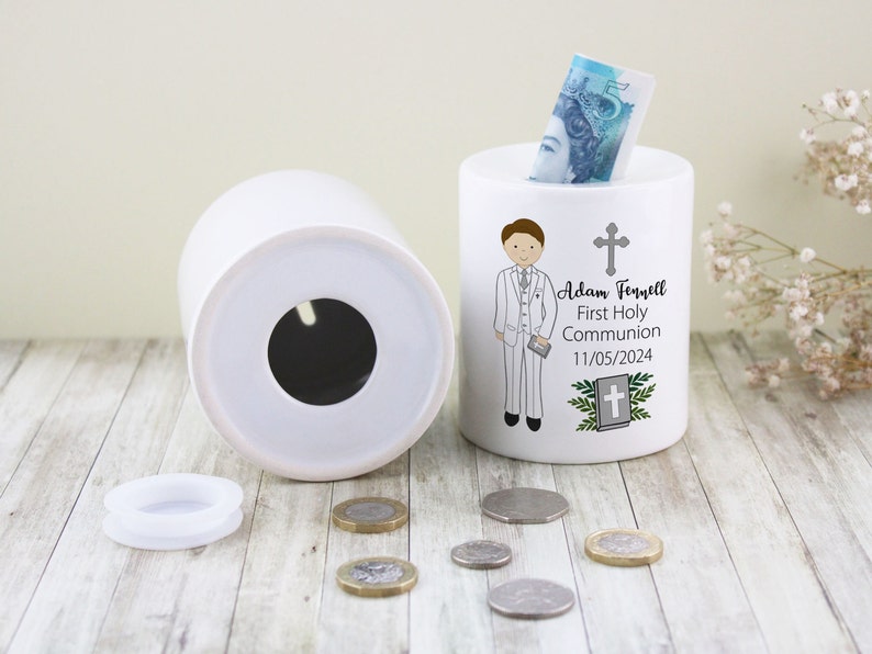 Personalized First Holy Communion Ceramic Money Box - Boy in White Suit ...