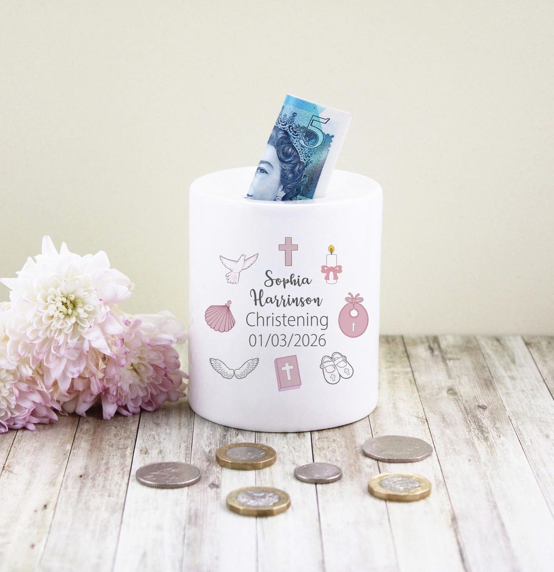Personalised Baptism Ceramic Money Box for Girls – Christening Keepsake ...