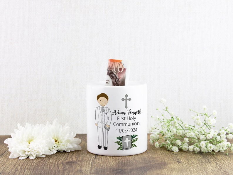 Personalized First Holy Communion Ceramic Money Box - Boy in White Suit ...