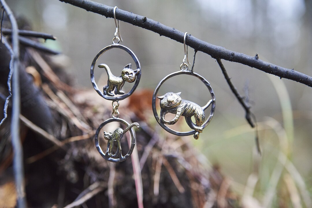 Mismatched Cat Earrings: Handmade Bronze & Sterling Silver, Whimsical ...