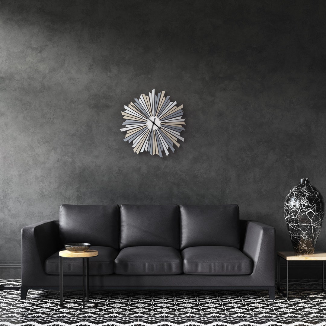 Silver Wall Clock | Modern Sun Clock, Large Wall Decor / Contemporary ...