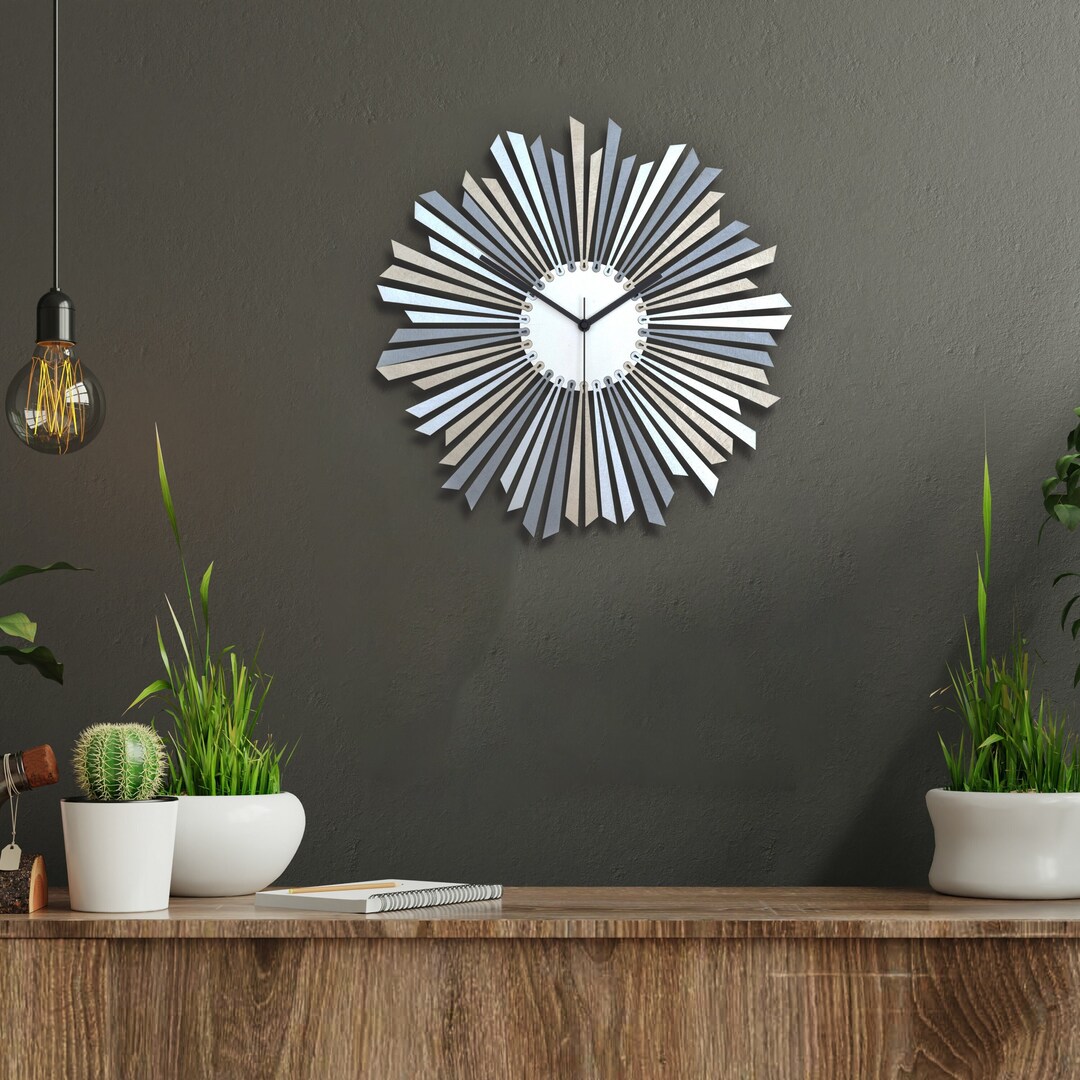 Silver Wall Clock Modern Sun Clock, Large Wall Decor / Contemporary ...