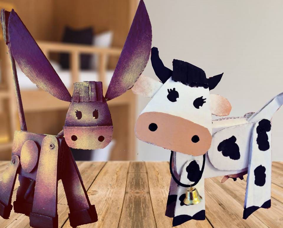 A Cow and a Donkey. Upcycled Cardboard Sculpture. Home Décor. Eco ...