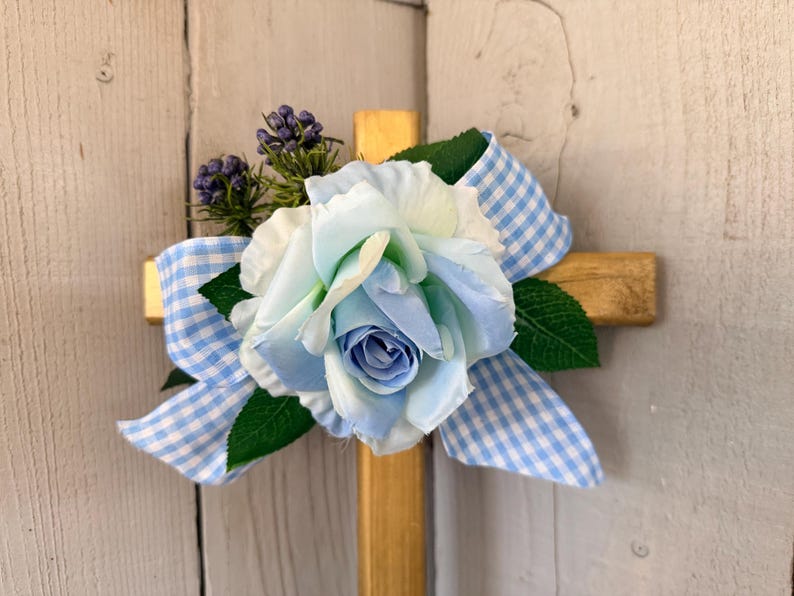 Gold Cemetery Cross With Blue Rose & Gingham Ribbon - Etsy