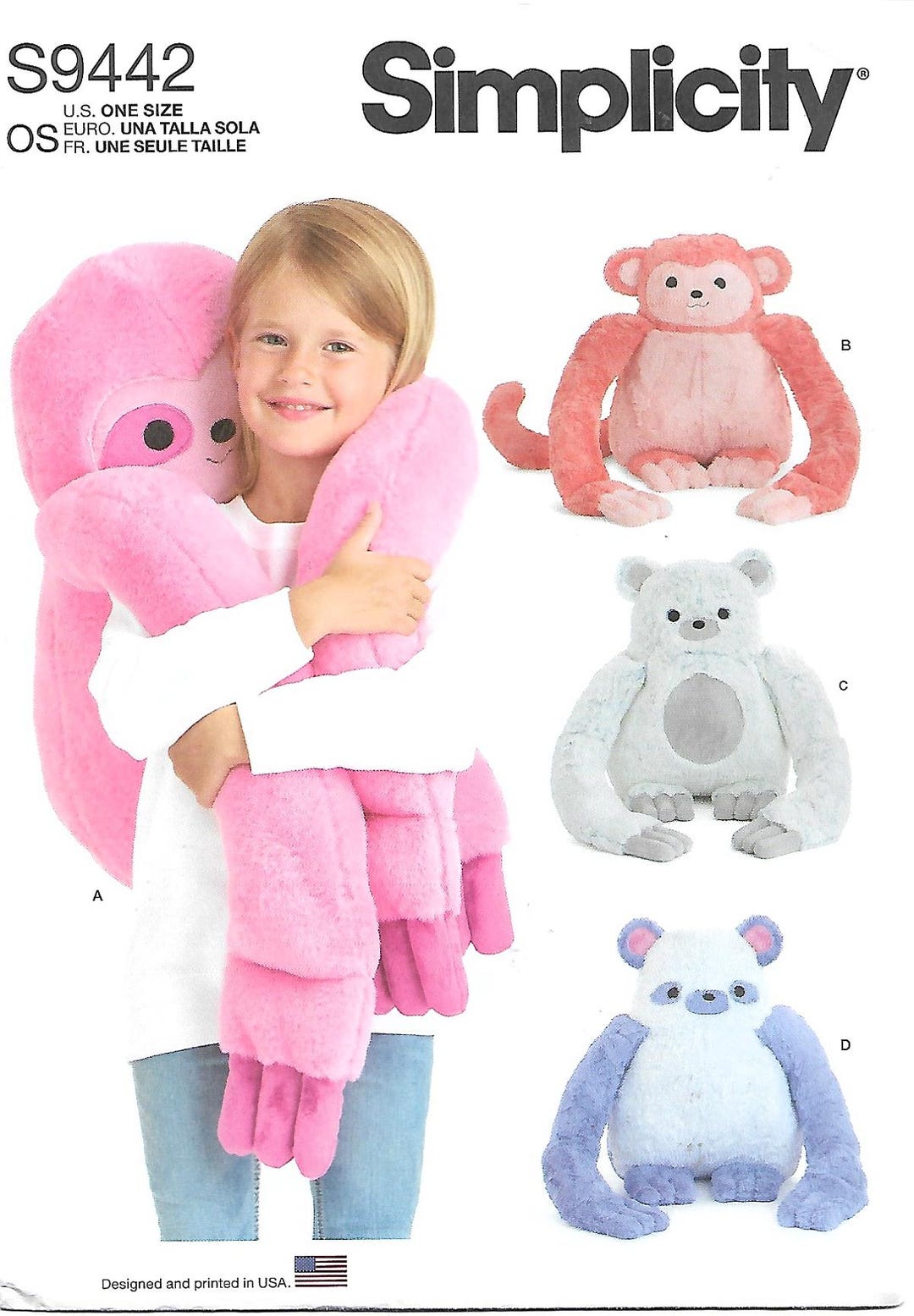 Simplicity Pattern 9442: Hugging Plush Animals. Sloth, Monkey, Polar ...