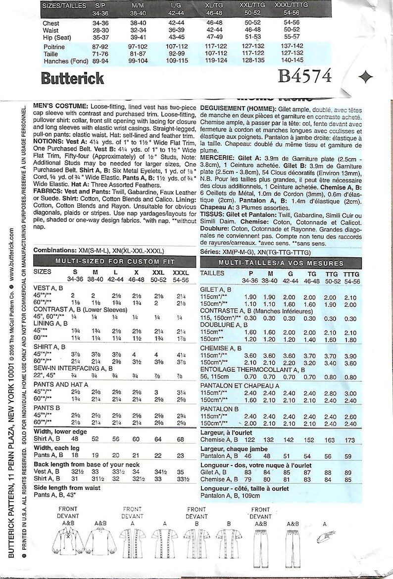 Butterick Pattern 4574: Men’s Costume, Robin Hood. Sizes XL(46) Thru ...