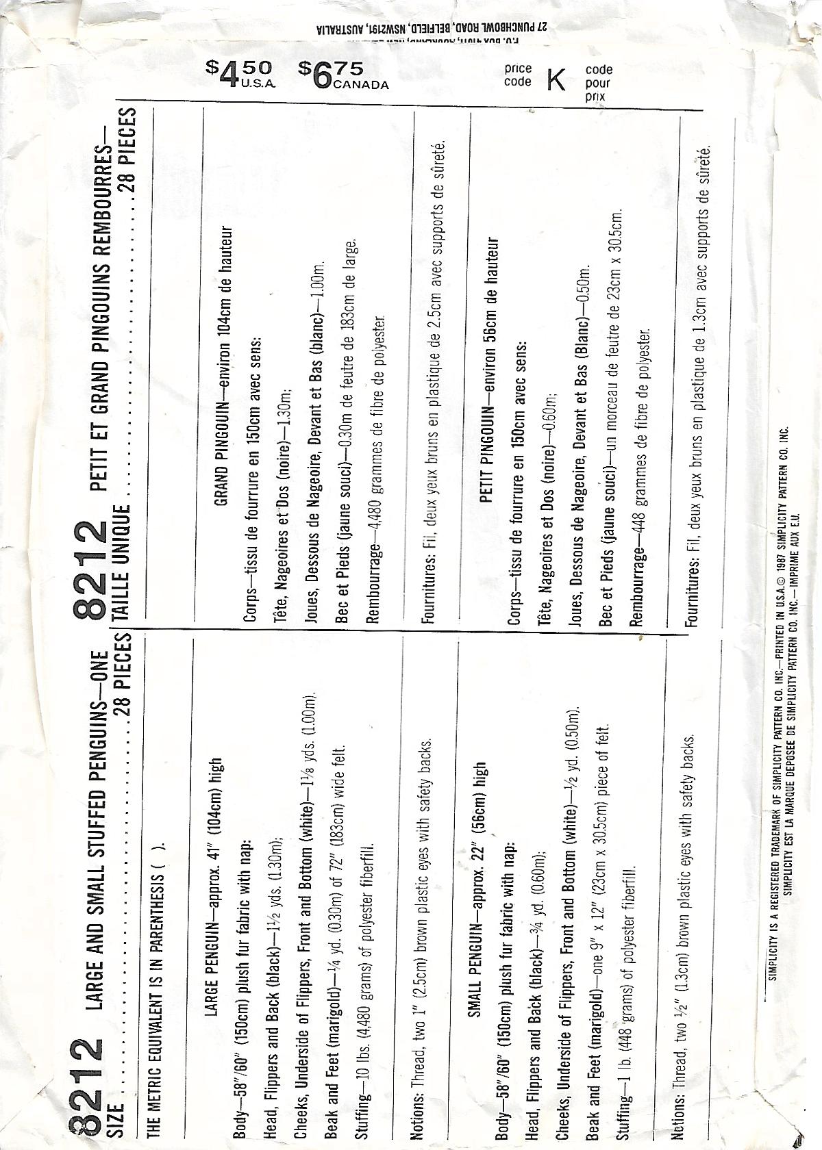 Vintage Simplicity Pattern 8212: Large and Small Stuffed Penguins. Ff ...