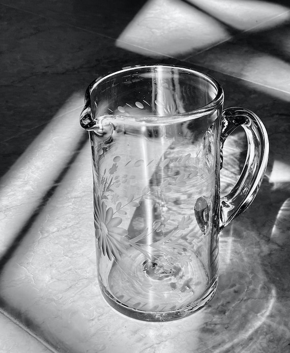 Tall Wide Cylinder Glass Pitcher Hand Etched With Flower | Etsy