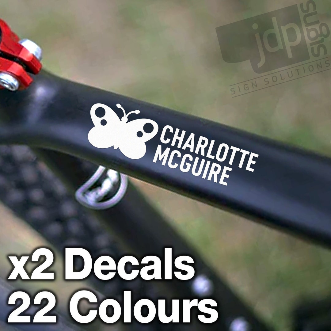 X2 Personalised Butterfly Icon Bike Frame Name Stickers Vinyl Decal ...