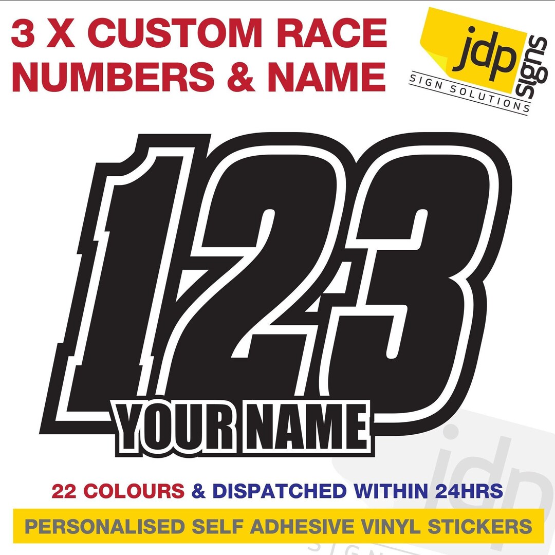 3 X Custom Race Numbers and Name Stickers Motocross Kart Decals Mx Dirt ...