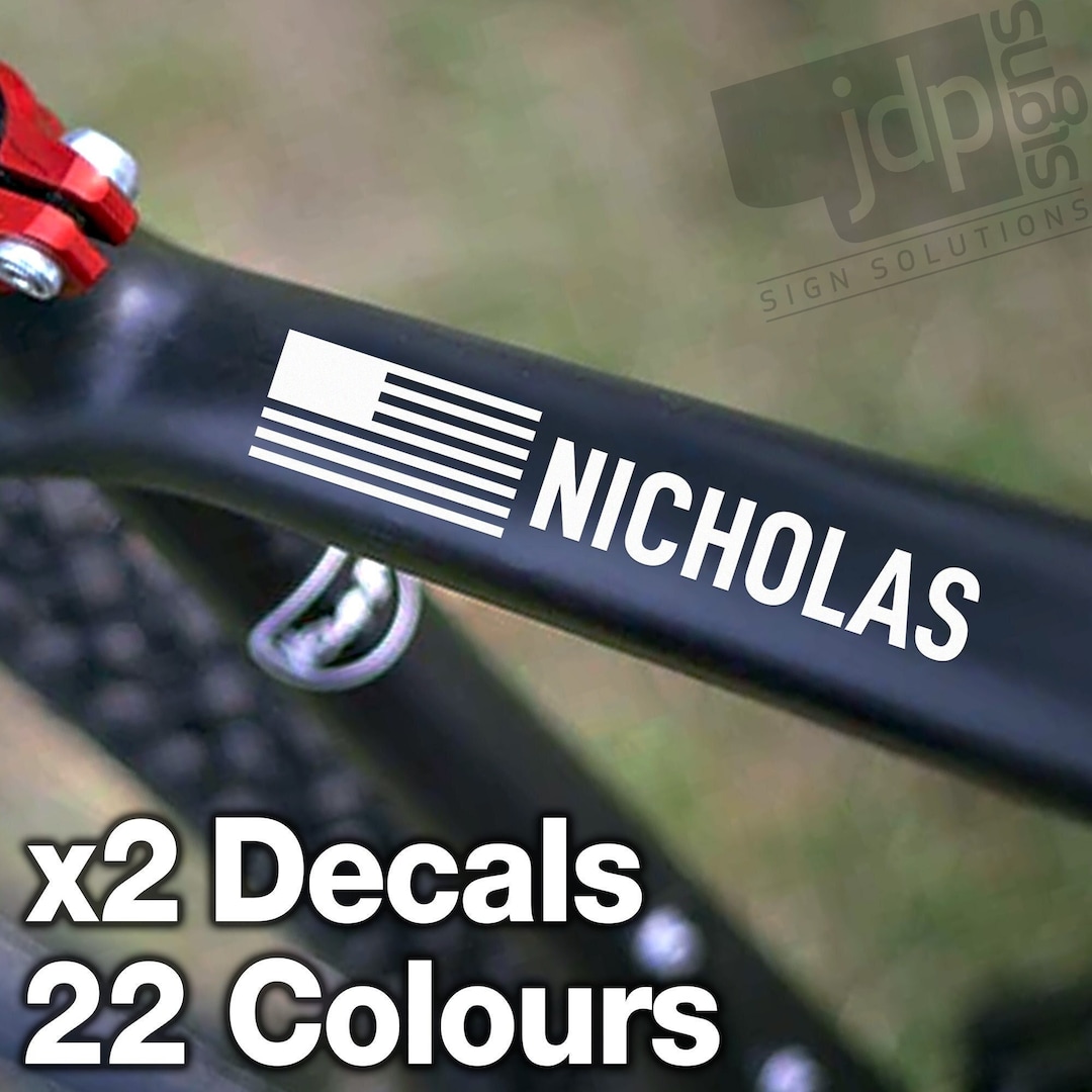 X2 Personalised USA Flag Bike Frame Name Stickers Vinyl Decal Cycle ...