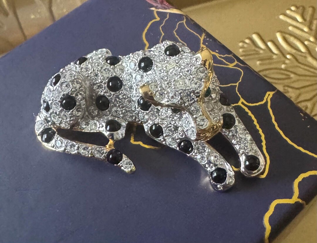 Snow Leopard Brooch/ Pin, Carolee Signed. Clear, Green Crystals, Black ...