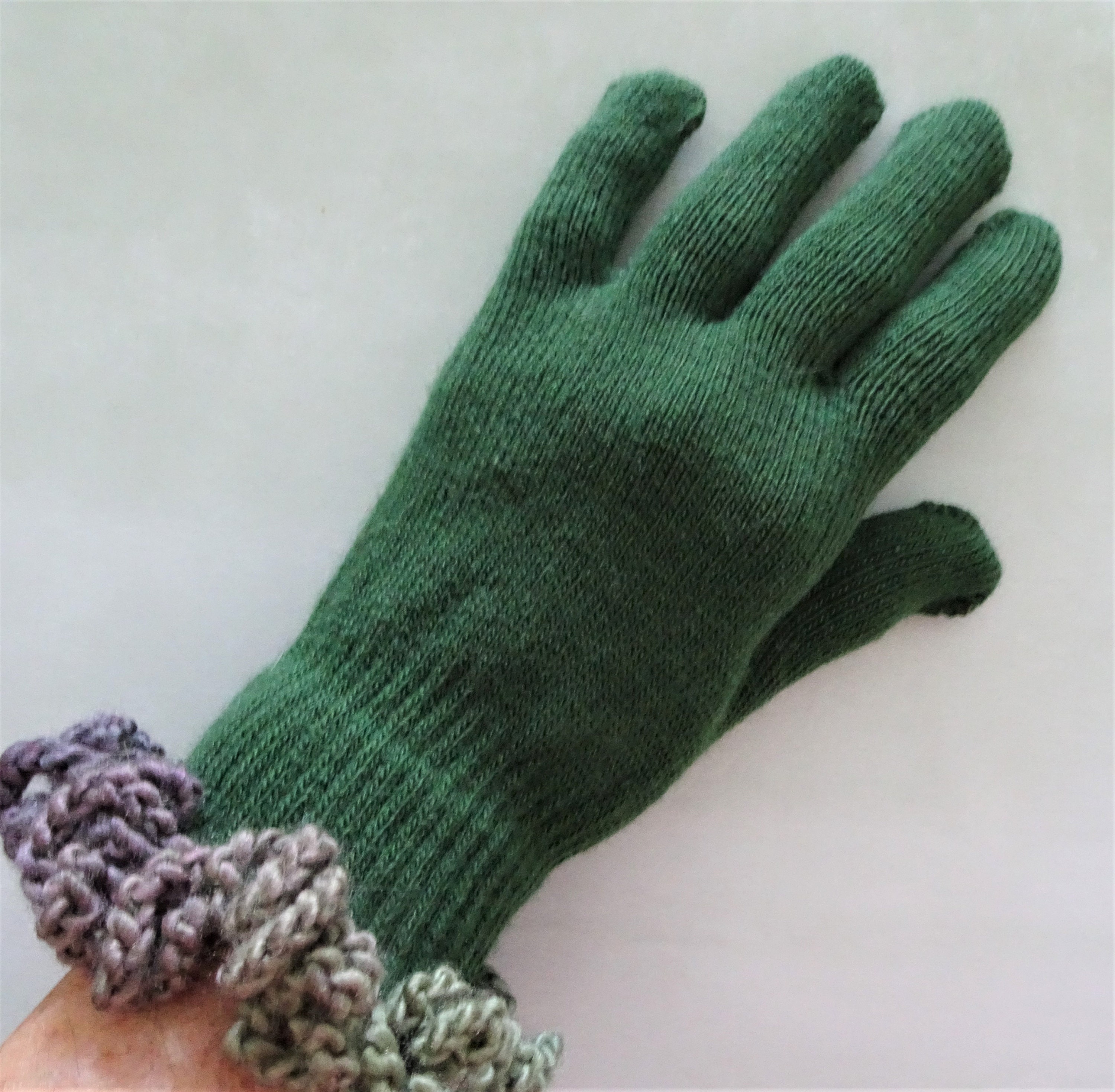 Green Knit Gloves With Ruffled Crochet Cuffs, Stretch Fit - Etsy