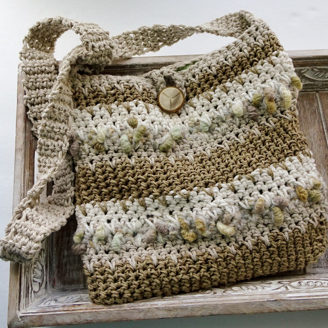 Boho Hand Crocheted Crossbody Handbag, Crochet Tan and Ivory Purse, Tan ...