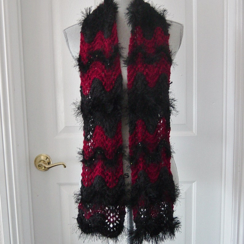 Burgundy Red & Black Winter Scarf, Luxurious Hand Knit Scarf, Red and ...