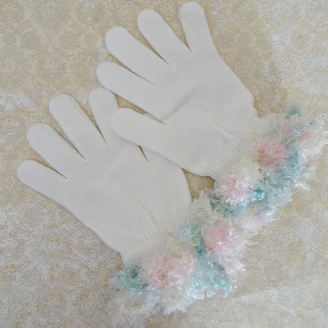White Knit Winter Gloves With Crochet Fancy Rainbow Pastel Cuff ...