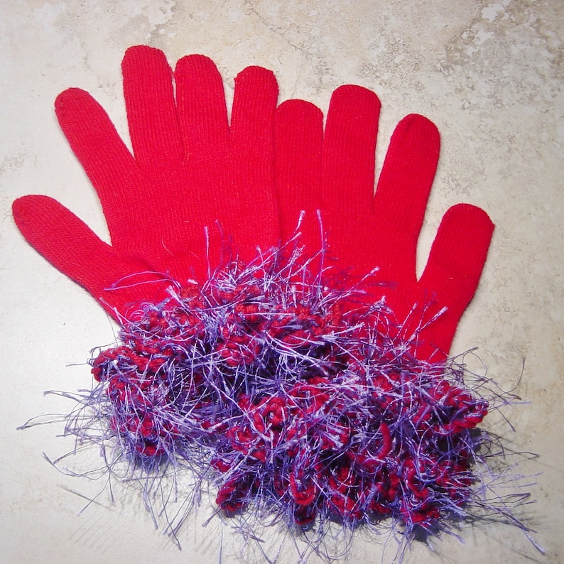 Red Gloves, Fancy Gloves, Red Hat Lady Gloves, Purple and Red Crochet ...