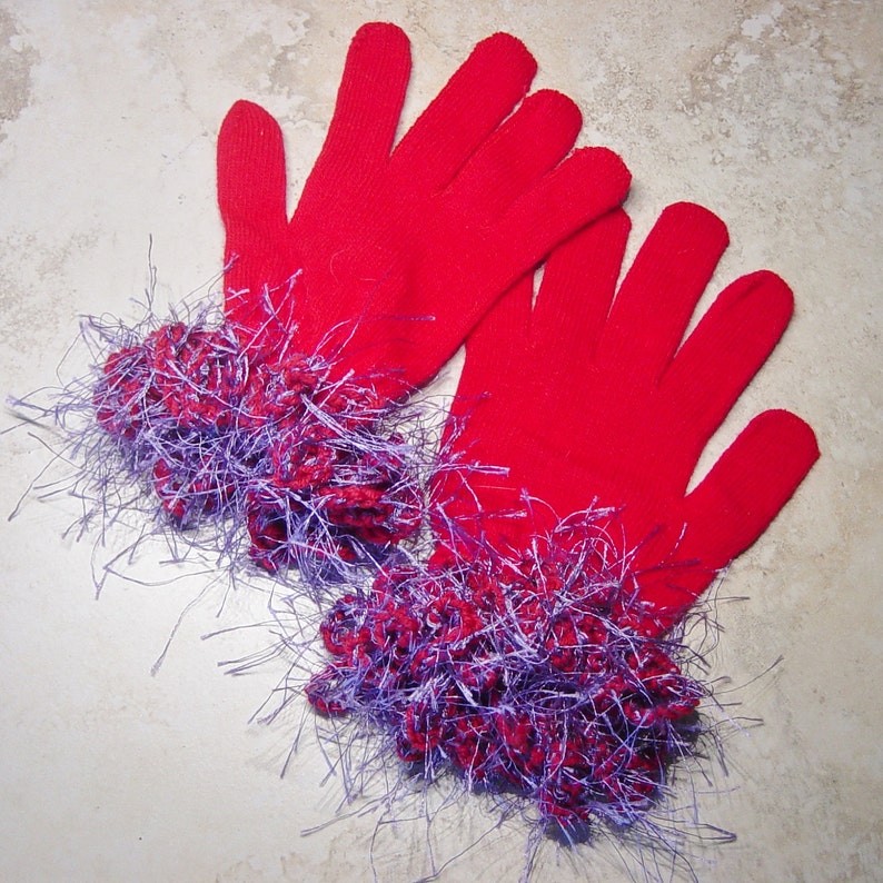Red Gloves, Fancy Gloves, Red Hat Lady Gloves, Purple and Red Crochet ...
