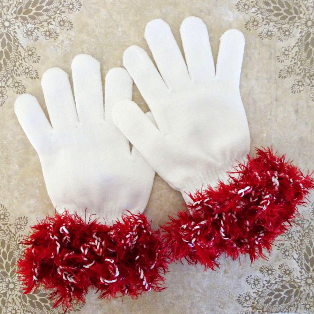 Winter White Knit Gloves With Candy Cane Cuffs, Holiday Festive Gloves ...