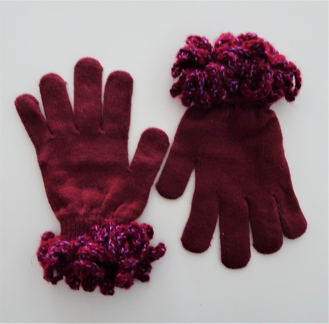 Burgundy Wine Ruffled Cuff Fancy Gloves, Winter Gift Gloves, Adult Size ...