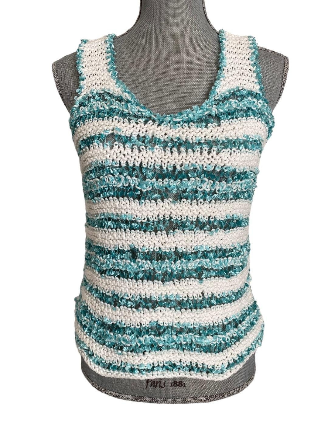 White & Turquoise Striped Hand Knit Tank Top, Hand Knit Camisole ...