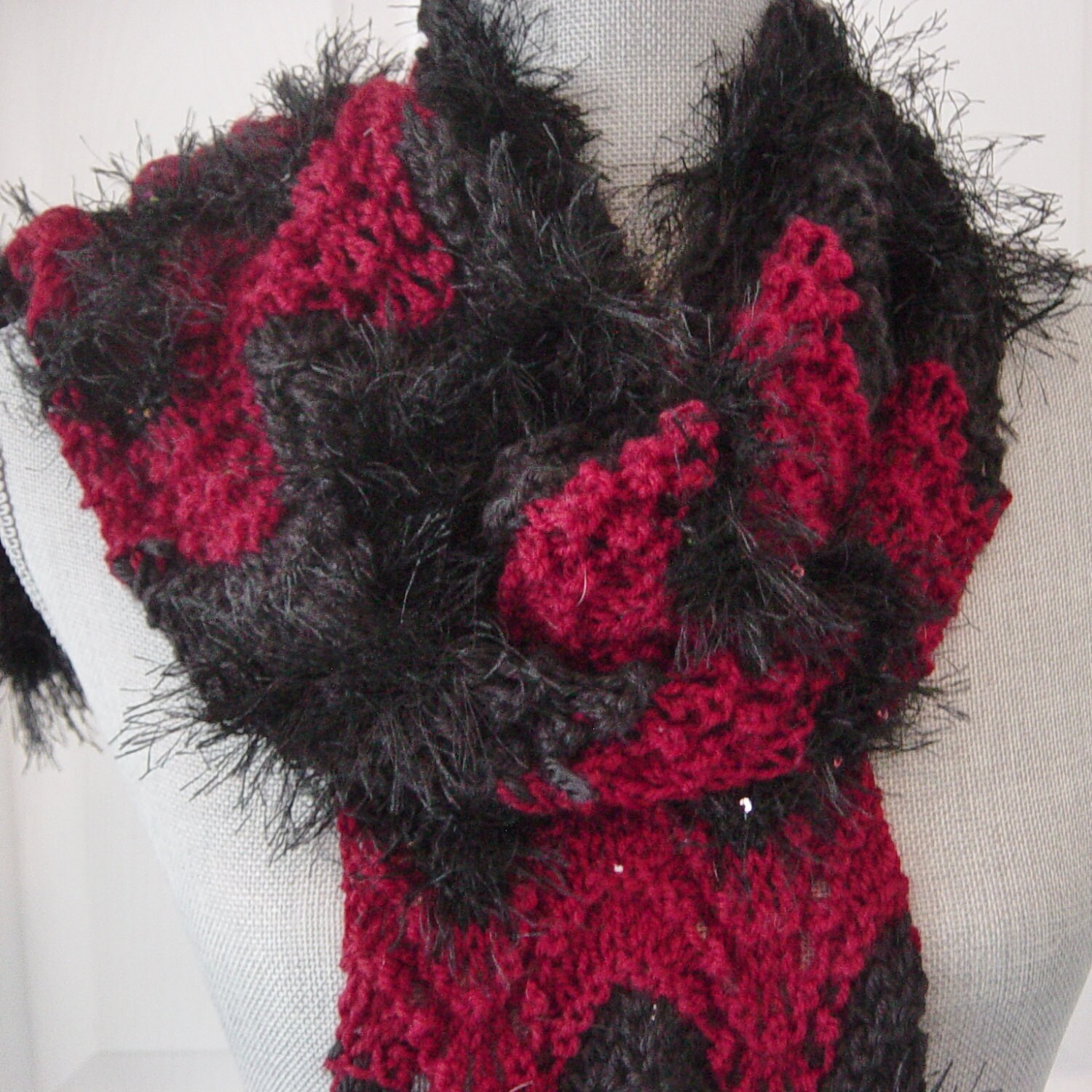 Burgundy Red & Black Winter Scarf, Luxurious Hand Knit Scarf, Red and ...