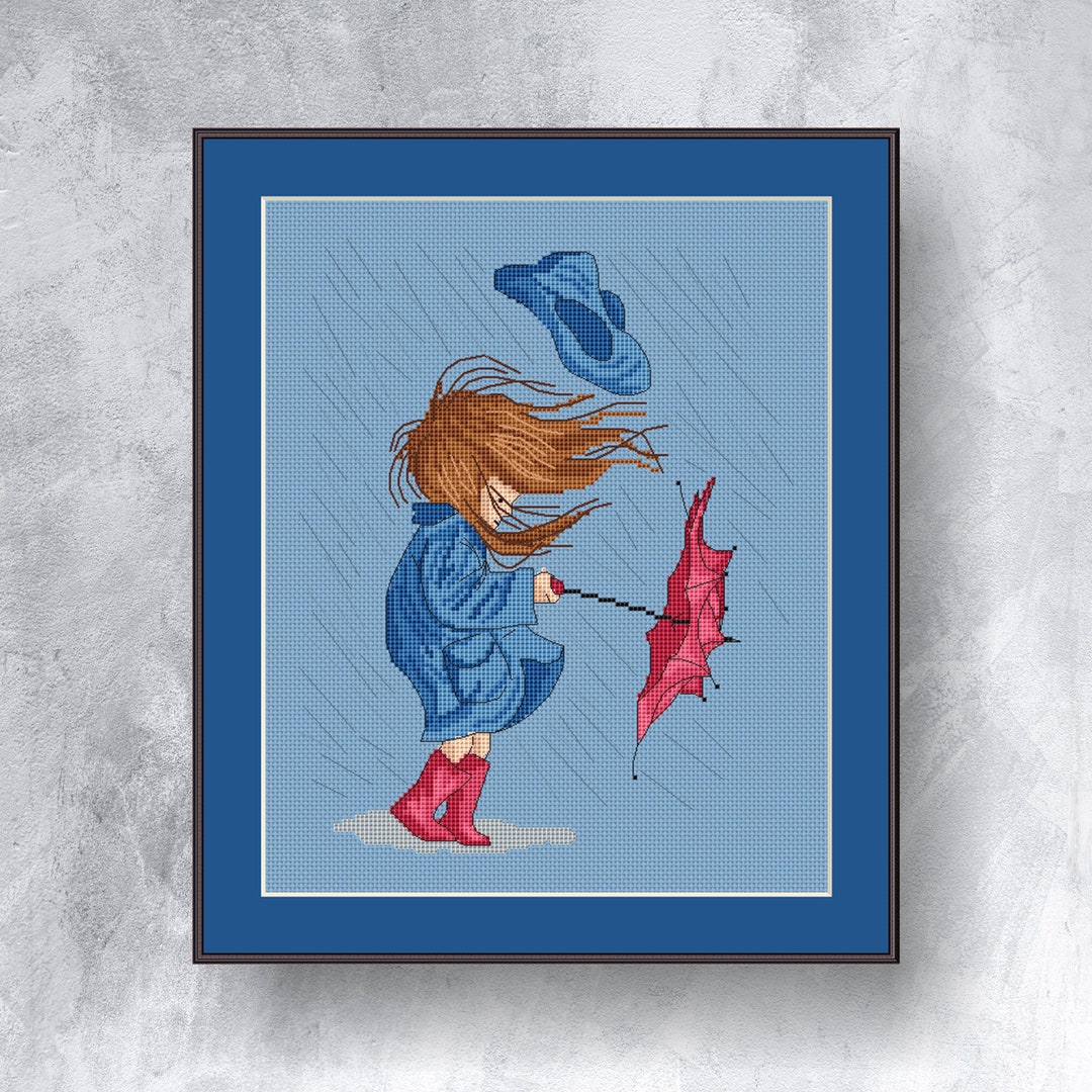 Girl in the Rain Cross Stitch Pattern Pdf Instant Download Child in the ...