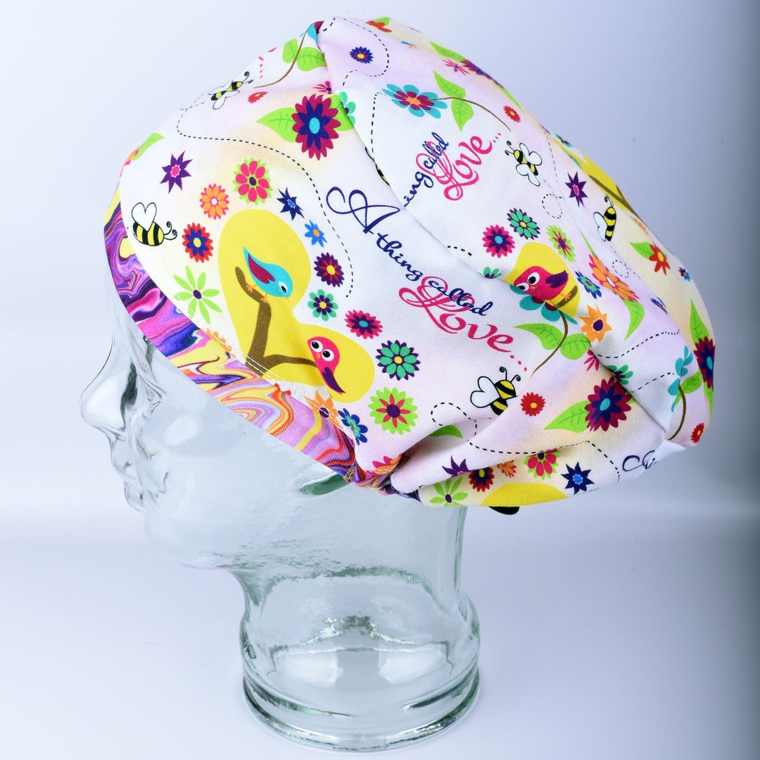 Scrub Cap / Full Coverage Scrub Hat / Spring Love Cap / Stretchy Scrub ...