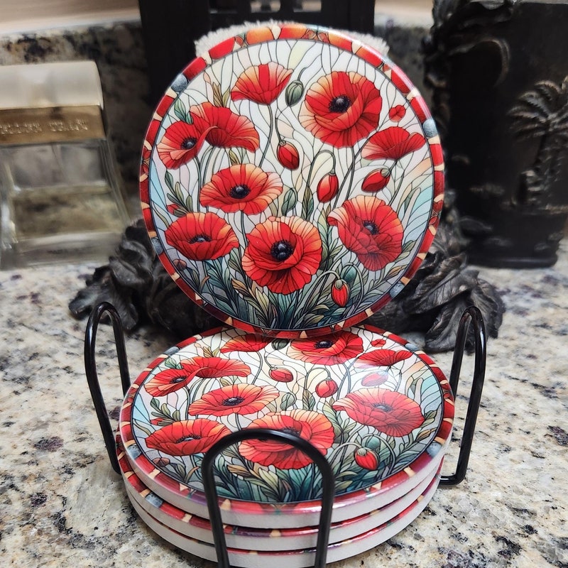 Painted Poppy Coasters - Etsy