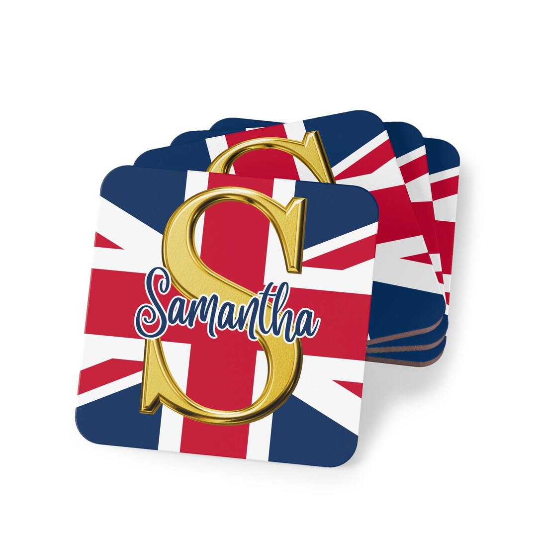 Personalized Union Jack Coaster Set: Monogram Initial, British Flag ...