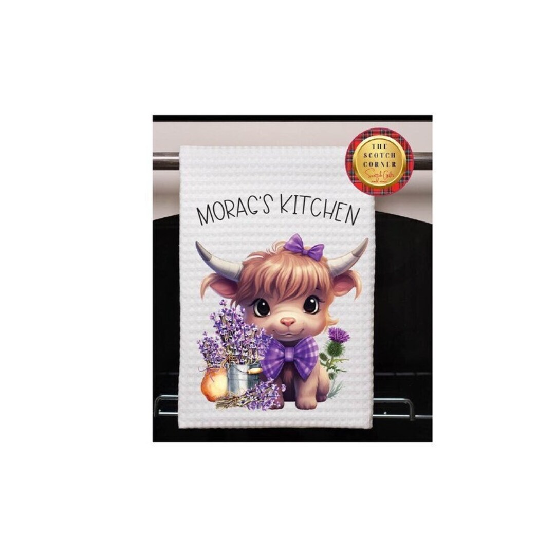 Personalized Scottish Highland Cow Tea Towel, Scotland Custom Thistle ...