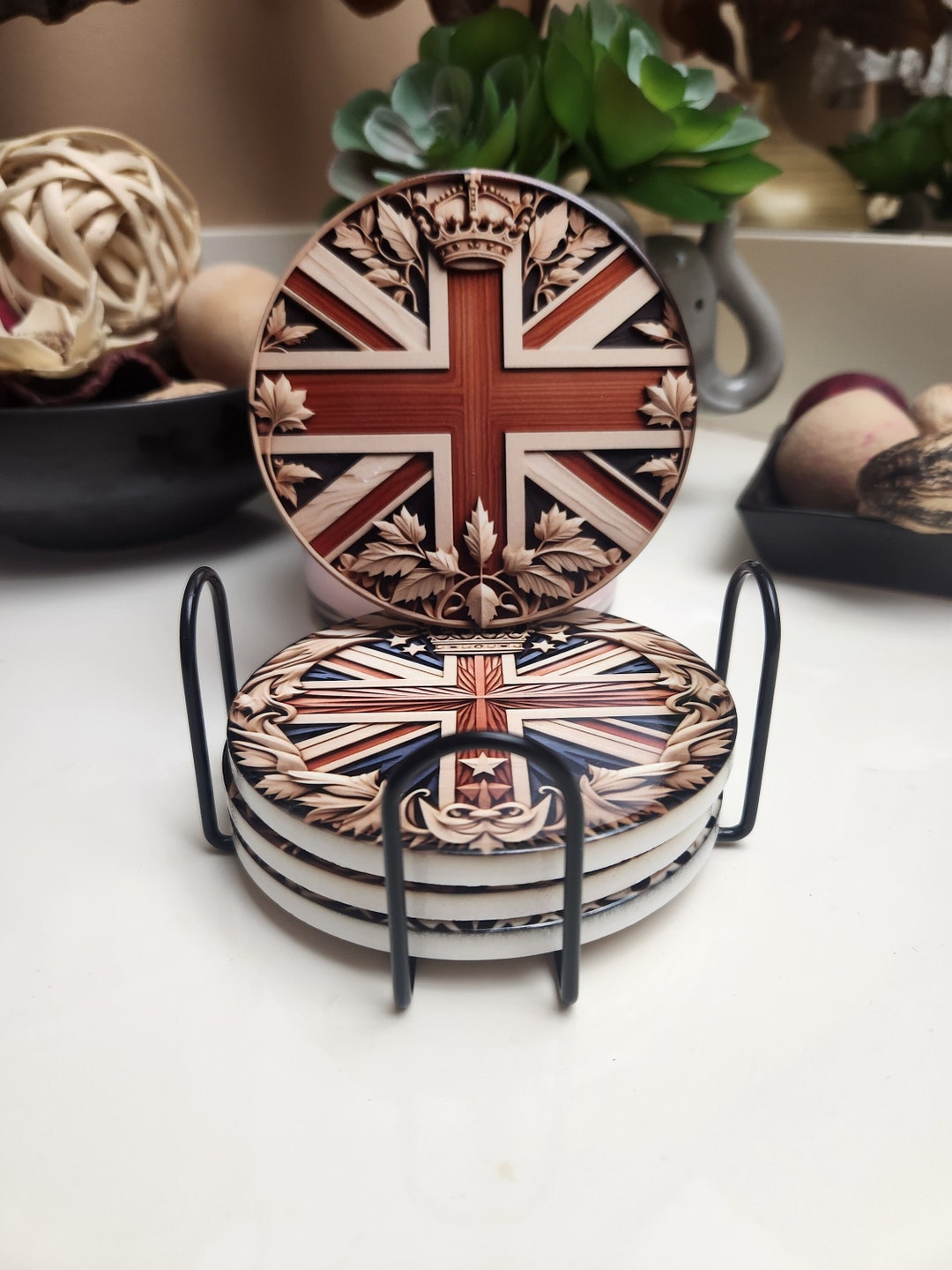 Union Jack Wood Look Medallion Round Ceramic Coasters, Set of 4 Union ...