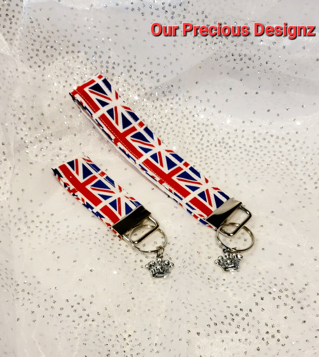 Union Jack Key Fob With Dangling Rhinestone Crown, Choice of Two Sizes ...