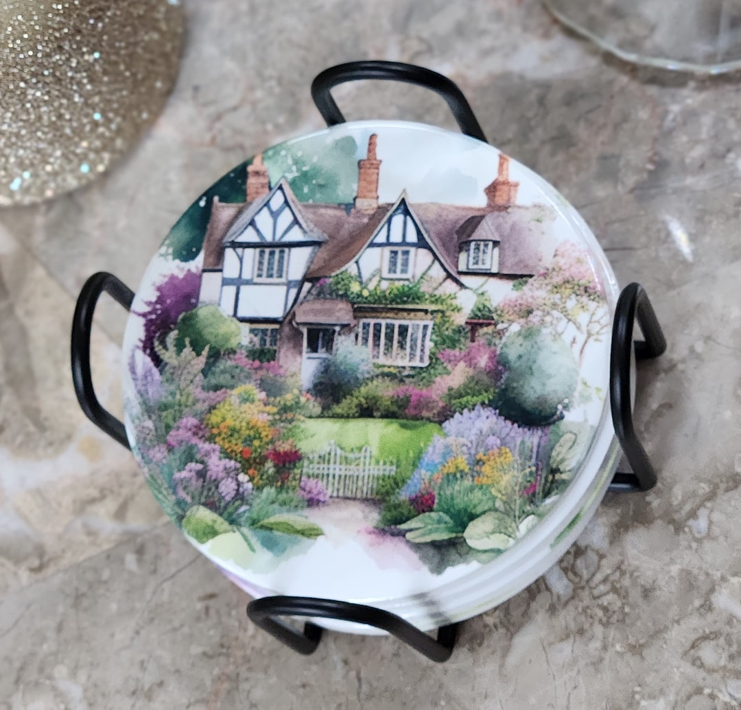 English Country Garden Ceramic Coasters, Set of 4 and Stand, Gloss ...