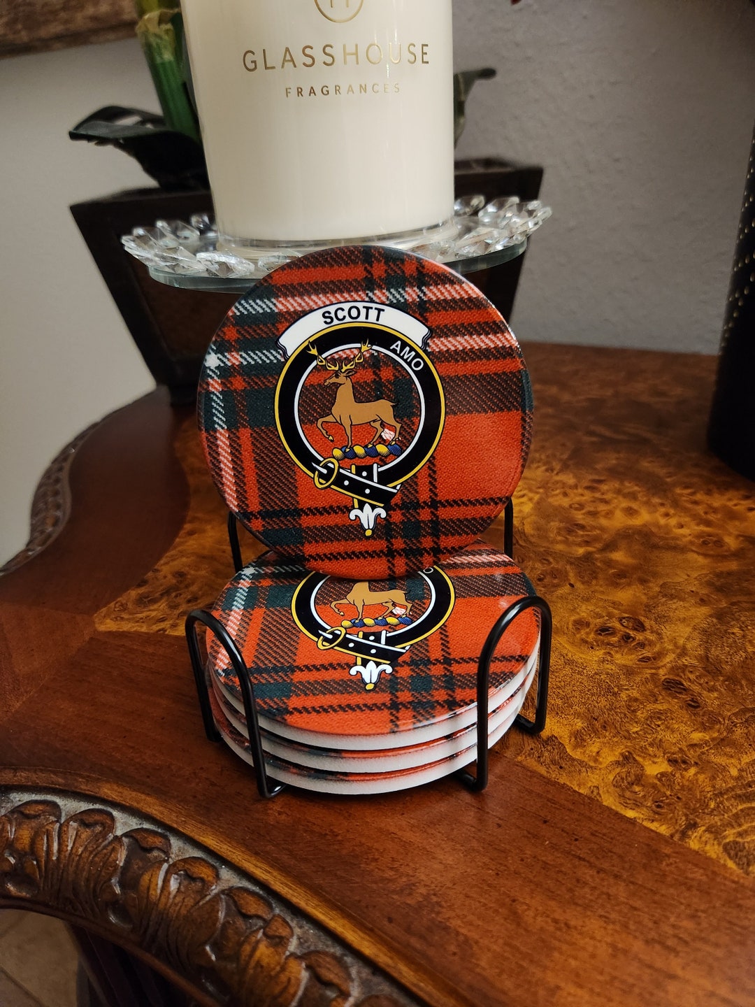 Scottish Clan Crest Tartan Ceramic Coaster Set With Metal Holder - Over ...