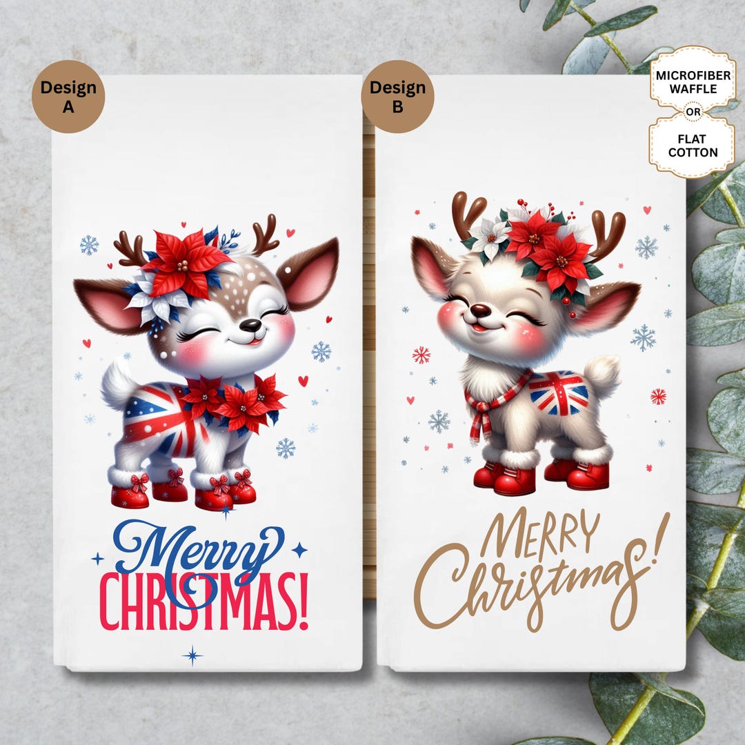 Christmas Reindeer Union Jack British Kitchen Towel: Tree Hand Dish Tea ...