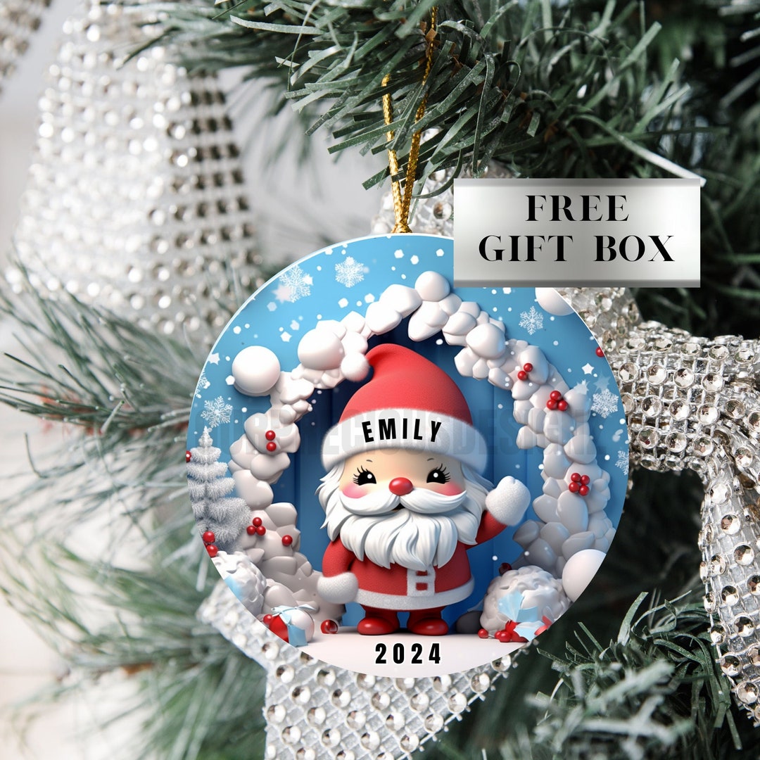 Personalized Santa 3D Effect Christmas Scene Ceramic Ornament, Gloss ...