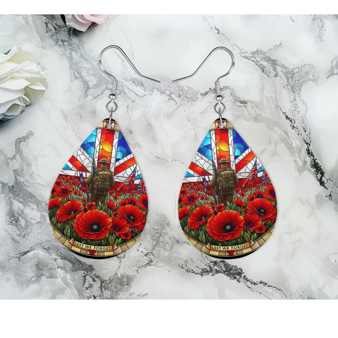 Union Jack Remembrance Stained Glass Effect Earrings, Union Jack Poppy ...